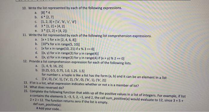 Solved 10. Write the list represented by each of the | Chegg.com
