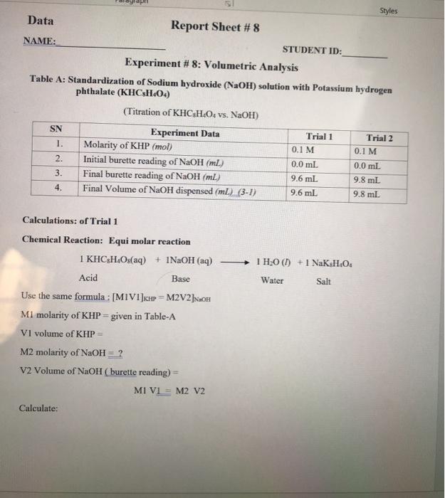 Solved Styles Data Report Sheet #8 NAME: STUDENT ID: | Chegg.com