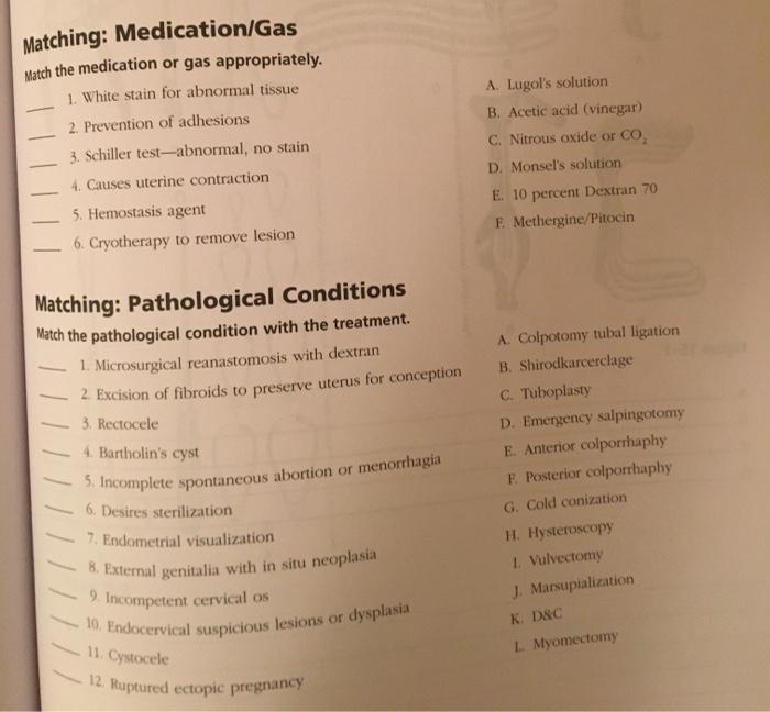 Solved Matching: Medication/Gas Match the medication or gas | Chegg.com