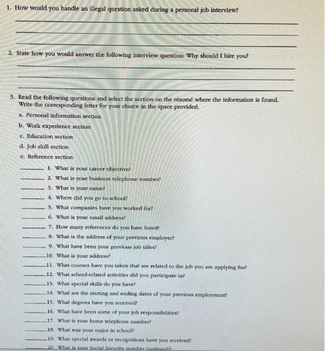 Solved 1. How would you handle an illegal question asked | Chegg.com