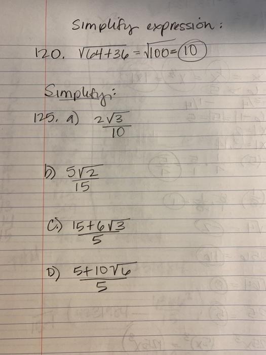 Solved Simplify expression 120. V64+36= 1100=10 Simplety | Chegg.com