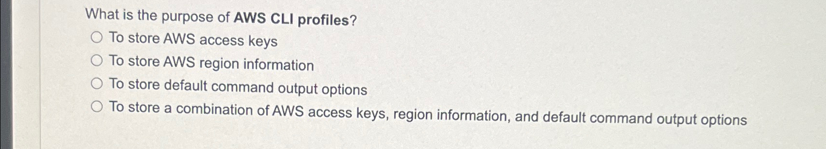 Solved What is the purpose of AWS CLI profiles?To store AWS | Chegg.com