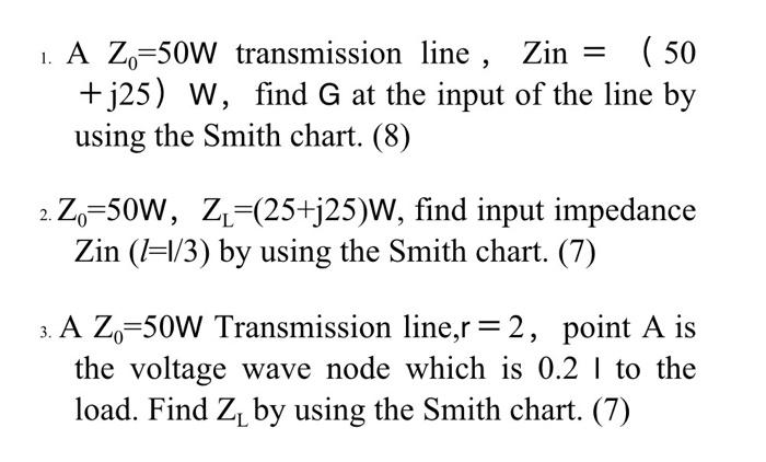Solved ( 50 1. A Zo=50W transmission line, Zin = +j25) W, | Chegg.com
