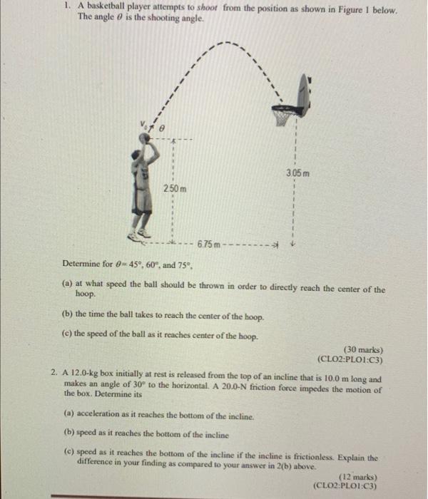 Solved 1. A basketball player attempts to shoot from the | Chegg.com