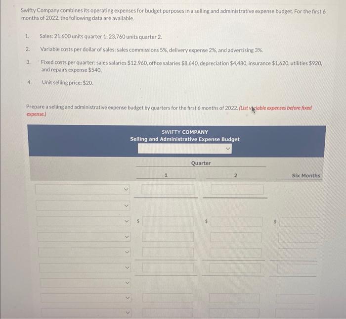 Solved Swifty Company combines its operating expenses for | Chegg.com