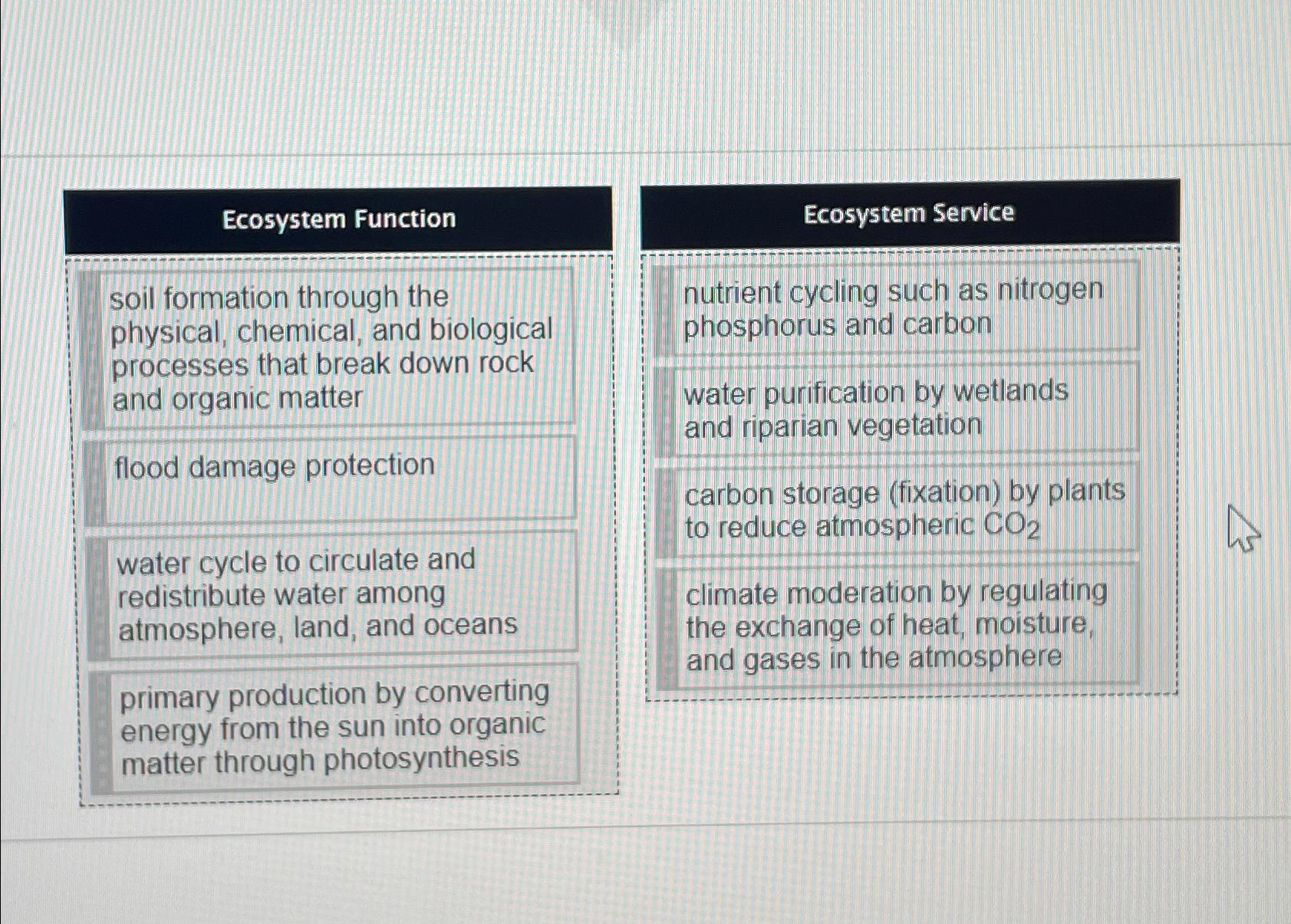 Solved \table[[Ecosystem Function],[\table[[soil formation | Chegg.com