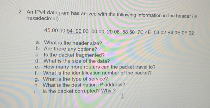 Solved 2. An IPv4 datagram has arrived with the following | Chegg.com