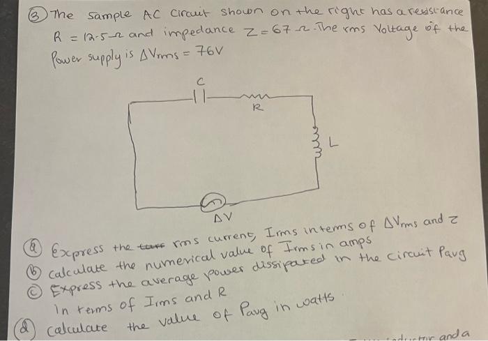 Solved (3) The sample AC circuit shown on the right has a | Chegg.com