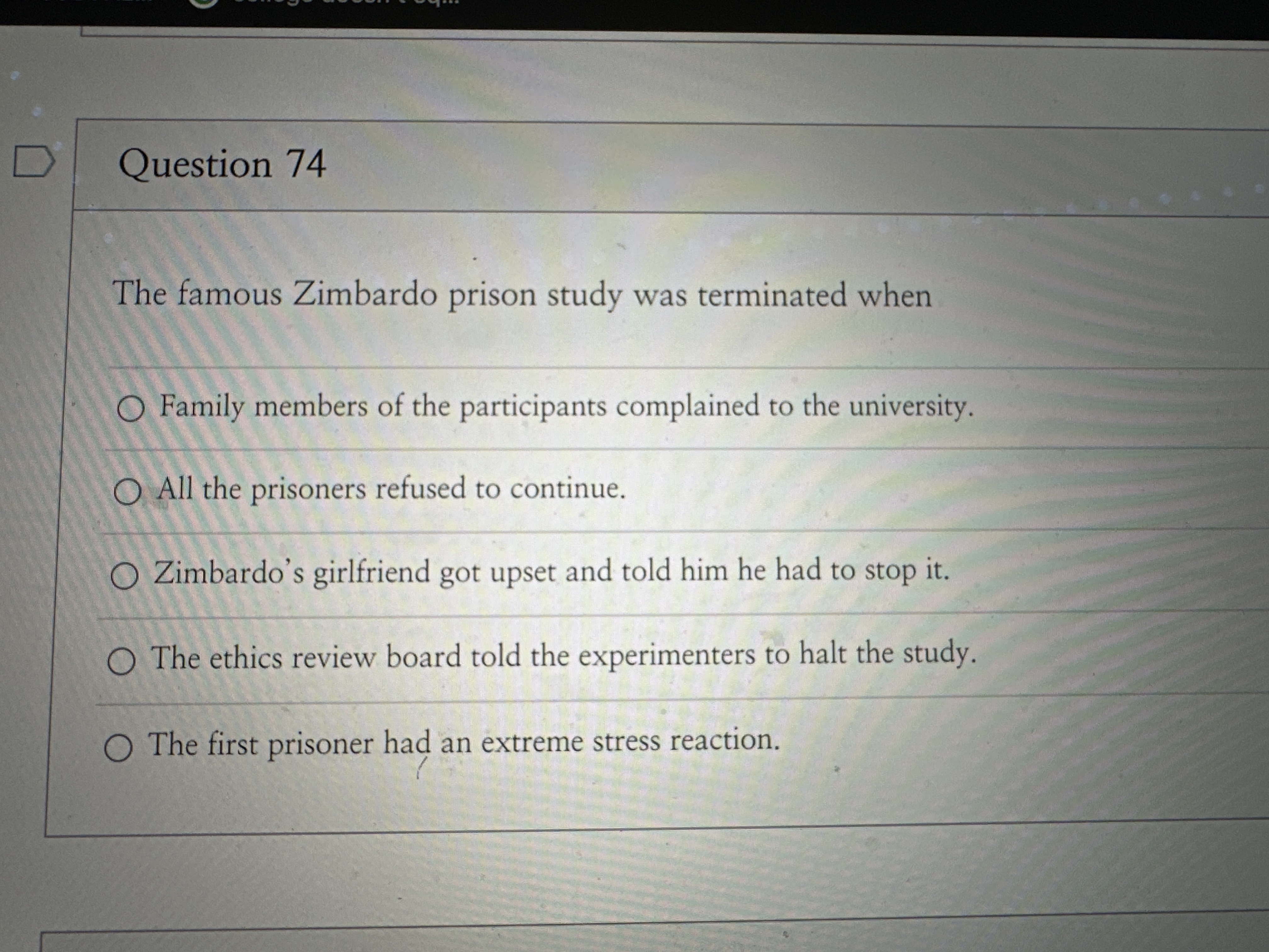 Solved Question 74The famous Zimbardo prison study was | Chegg.com