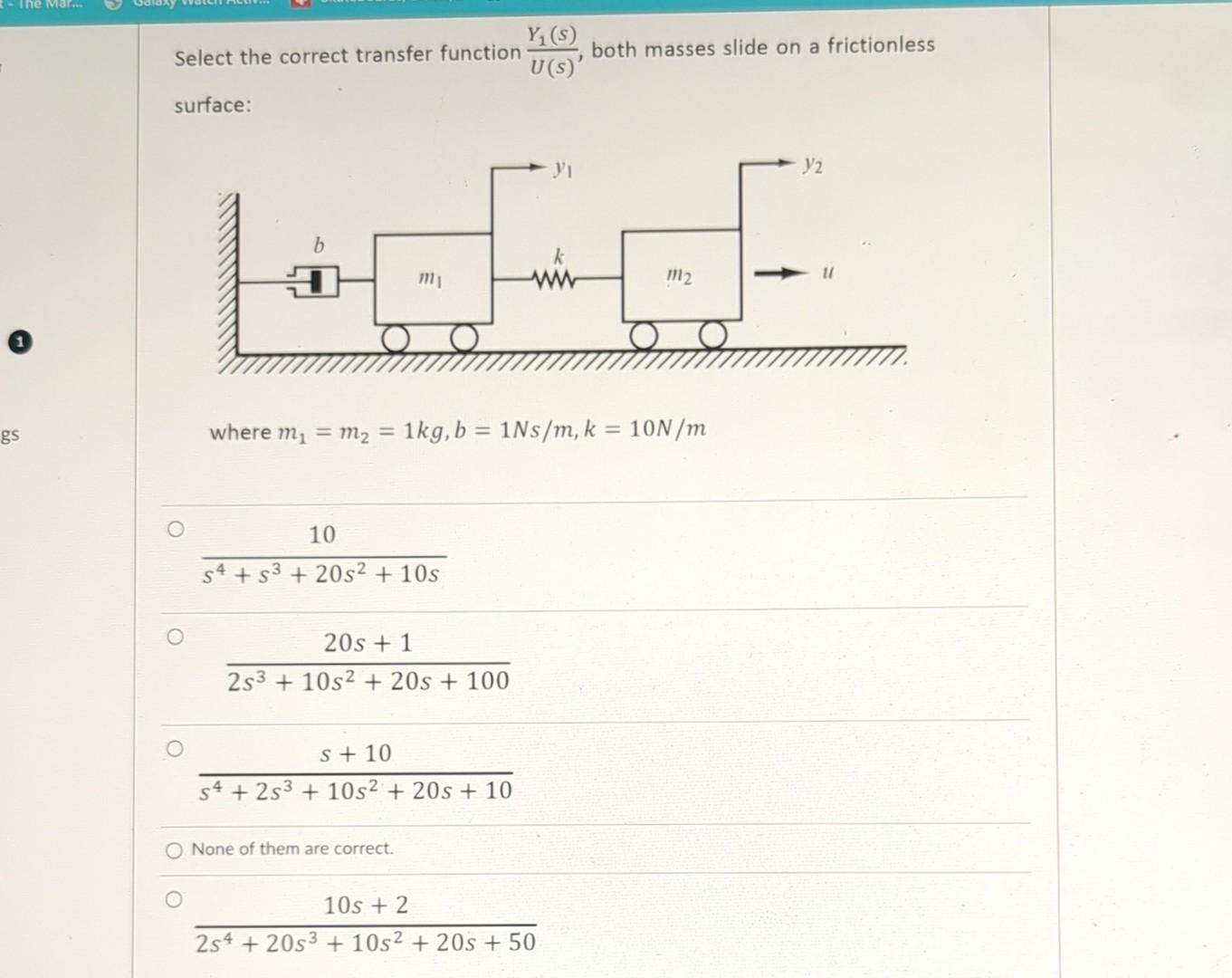 Solved Select the correct transfer function Y(s)/R(s) of the | Chegg.com