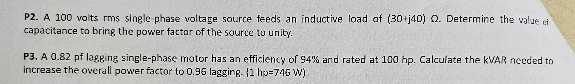 Solved P2. ﻿A 100 ﻿volts rms single-phase voltage source | Chegg.com