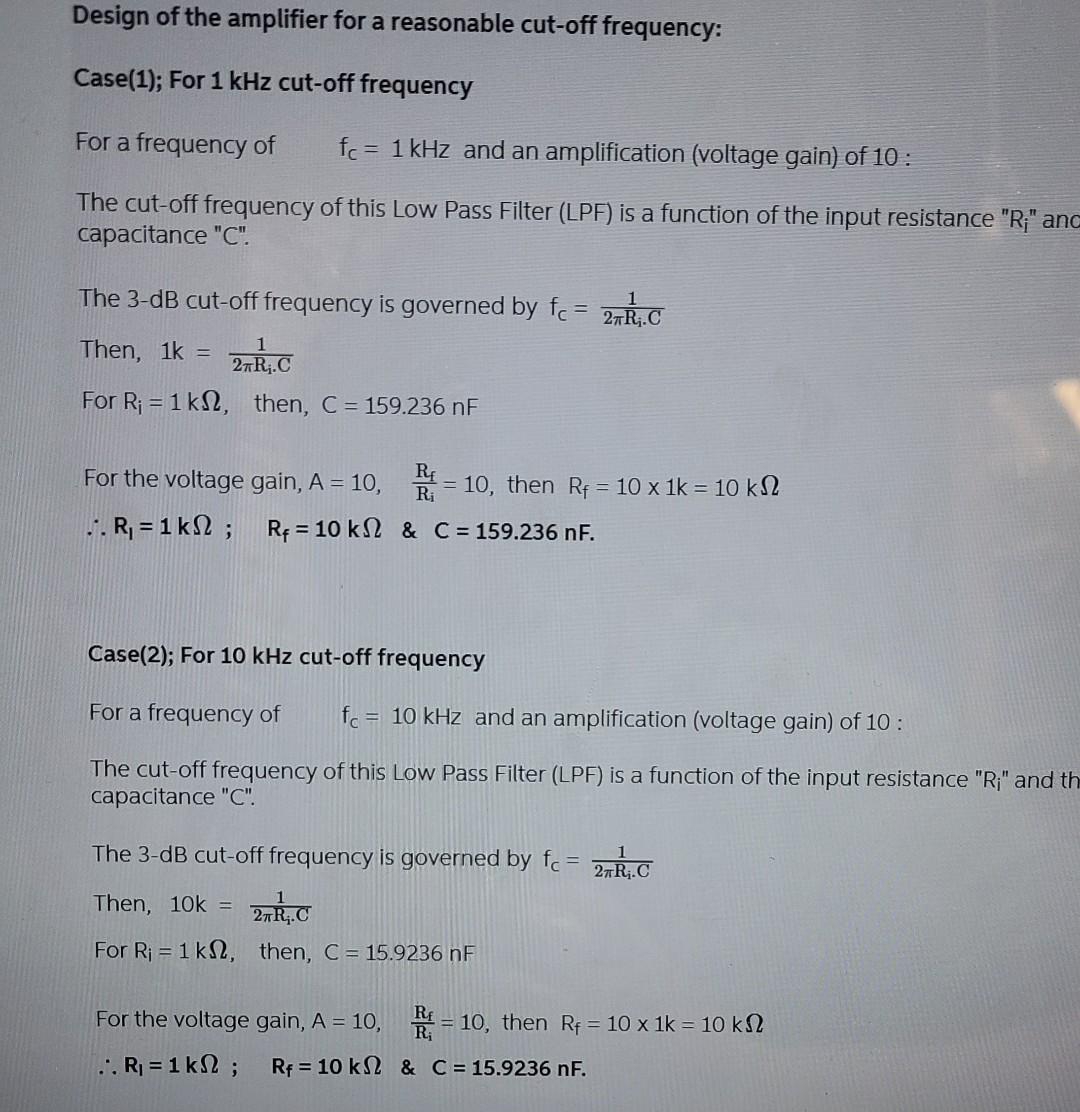 Solved For a frequency of fc=1kHz and an amplification | Chegg.com