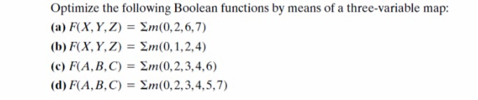 Solved Optimize the following Boolean functions by means of | Chegg.com