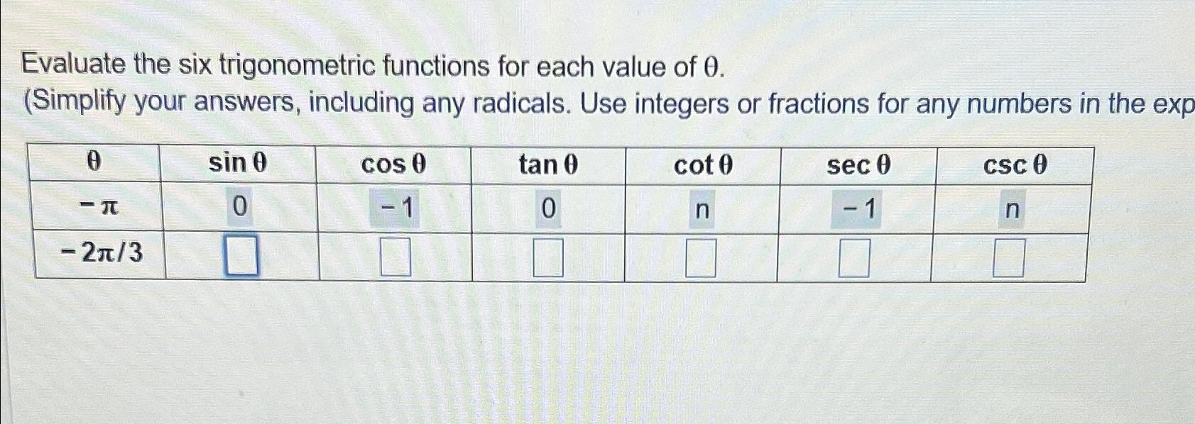 Solved Evaluate the six trigonometric functions for each | Chegg.com
