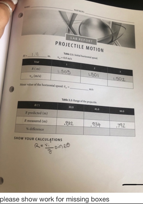 Solved NAME PARTNERS X LAB REPORT PROJECTILE MOTION Table | Chegg.com