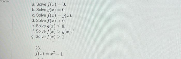 Solved a. Solve f(x)=0. b. Solve g(x)=0. c. Solve f(x)=g(x). | Chegg.com