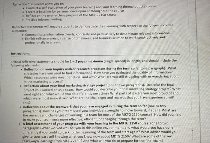 Reflective Statements aliow you to: - Conduct a | Chegg.com