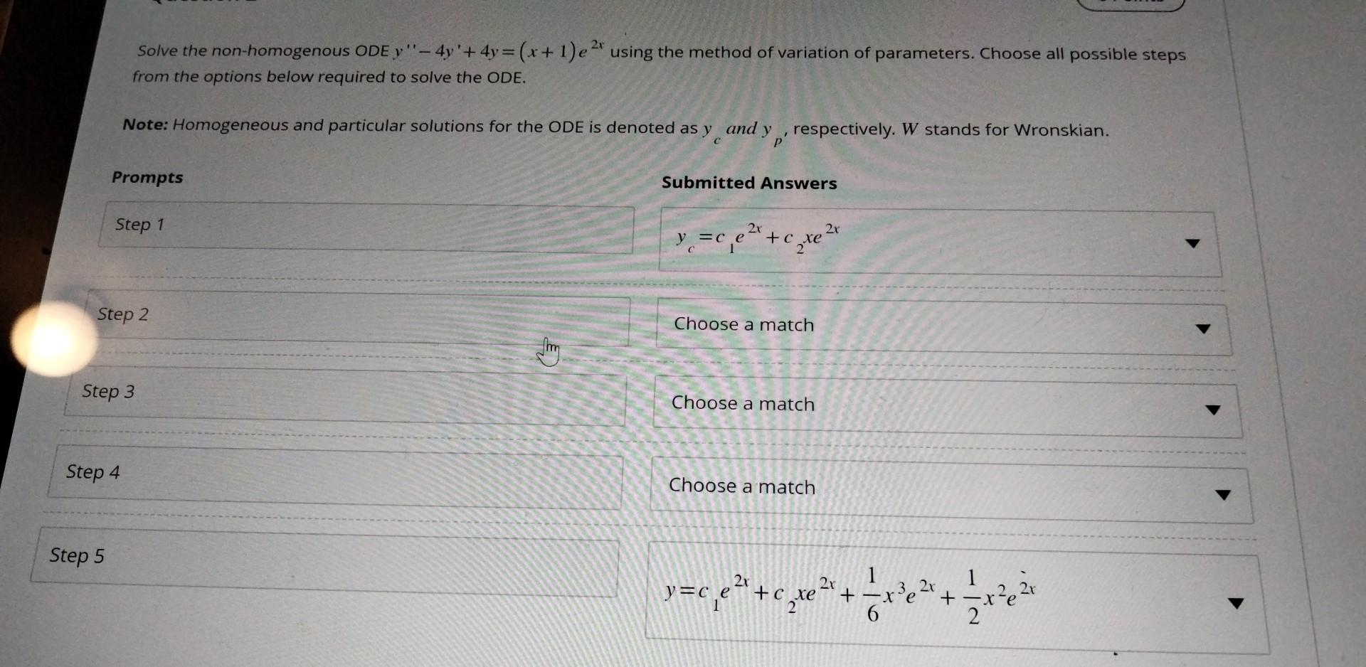 Solved Solve the non-homogenous ODE y′′−4y′+4y=(x+1)e2x | Chegg.com
