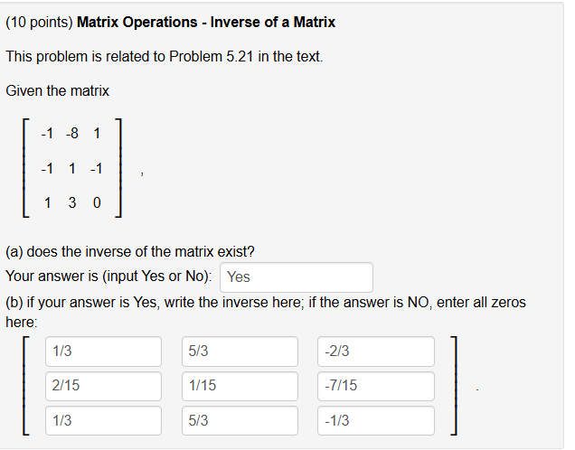 Solved (10 ﻿points) ﻿Matrix Operations - ﻿Inverse of ﻿a | Chegg.com