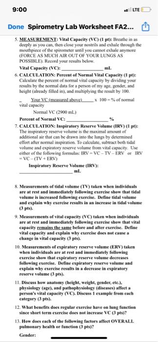 Solved 9:00 LTE Done Spirometry Lab Worksheet FA2... ☺ | Chegg.com