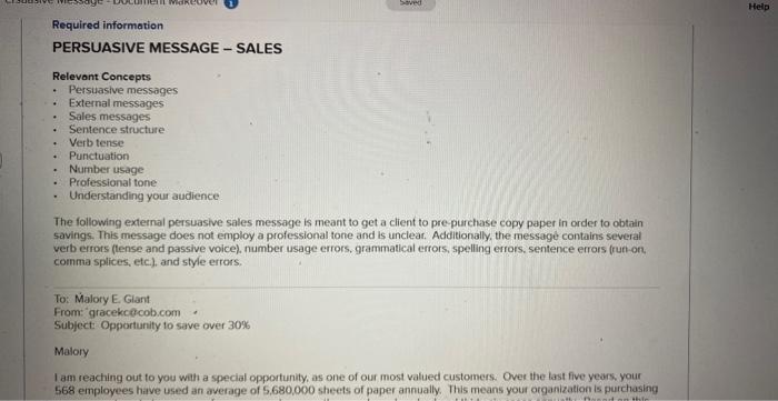 Required information PERSUASIVE MESSAGE - SALES | Chegg.com