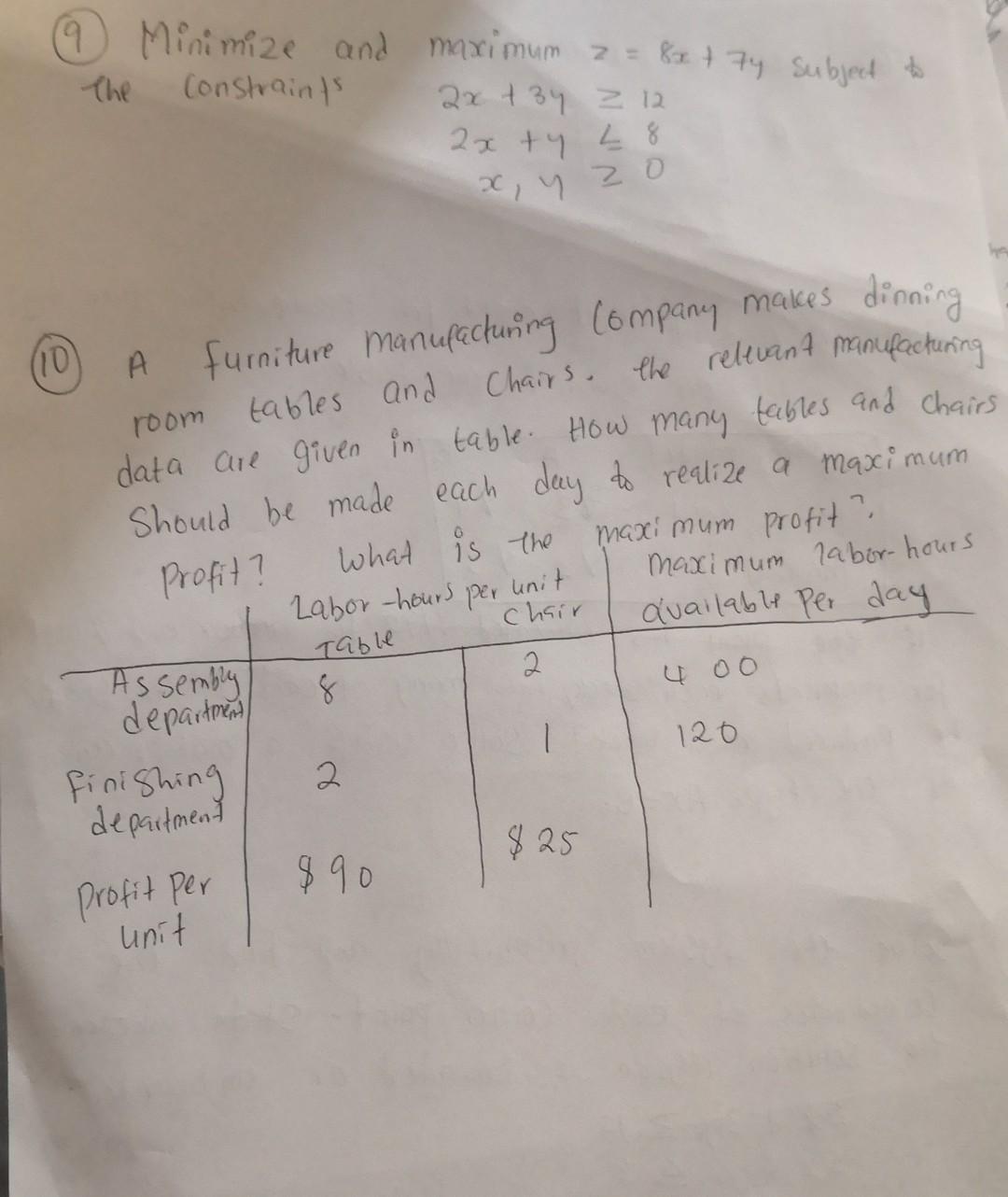 Solved 9 Minimize And Maximum Z 8x 7y Subject The
