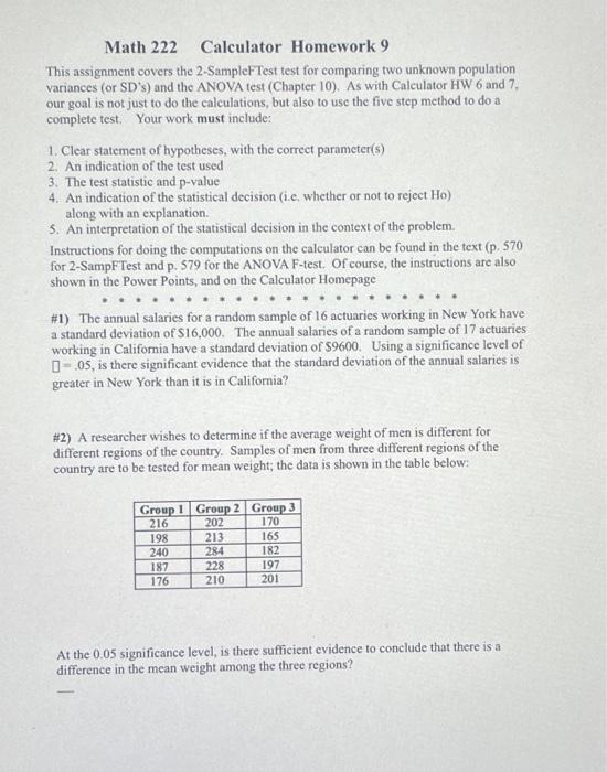 Solved Math 222 Calculator Homework 9 This assignment covers | Chegg.com