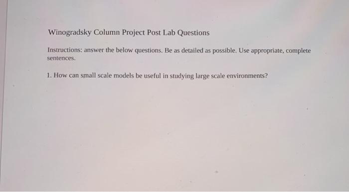 Solved Winogradsky Column Project Post Lab Questions | Chegg.com
