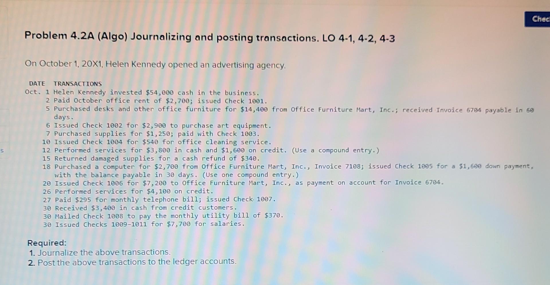 Solved Problem 4.2A (Algo) Journalizing and posting | Chegg.com