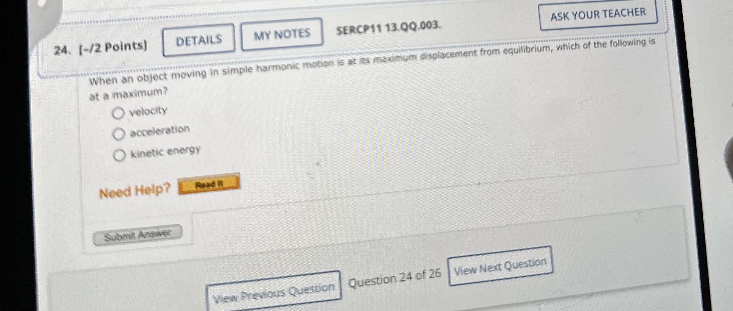 Solved [-/2 ﻿Points]SERCP11 13.QQ.003.When an object moving | Chegg.com