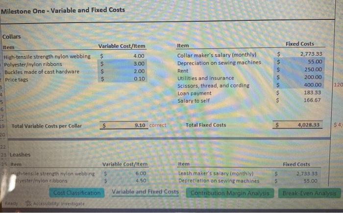 Milestone One - Variable and Fixed Costs22 23 Leashes | Chegg.com