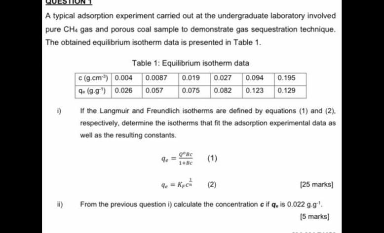 Solved A typical adsorption experiment carried out at the | Chegg.com
