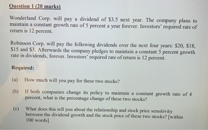 Solved Question 1 (20 marks) Wonderland Corp. will pay a | Chegg.com