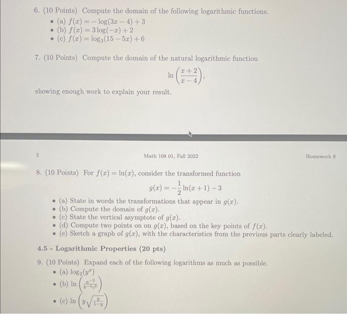 Solved 4.3 - Logarithmic Functions (50 pts) 1. (10 Points) | Chegg.com