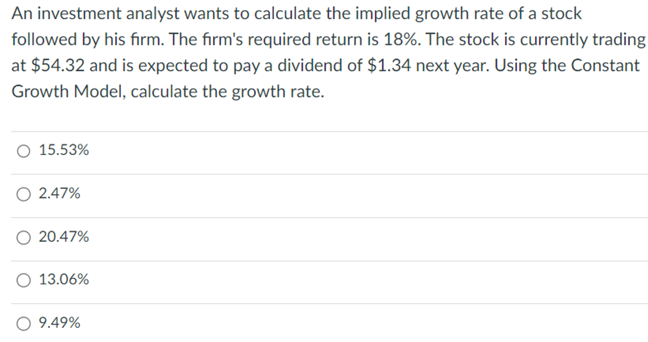 Solved An investment analyst wants to calculate the implied | Chegg.com