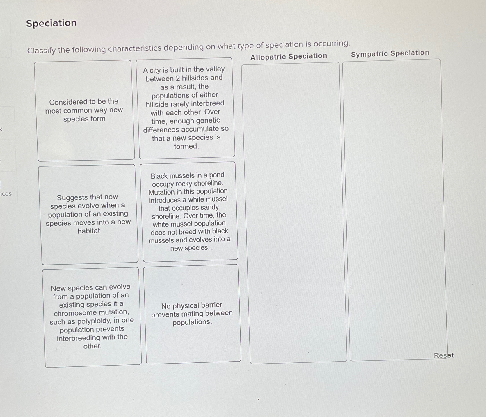 Solved SpeciationClassify the following characteristics | Chegg.com