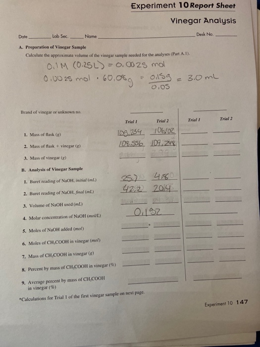 Solved Experiment 10 Report Sheet Vinegar Analysis Date Lab | Chegg.com