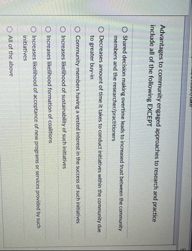 Solved Advantages to community engaged approaches to | Chegg.com