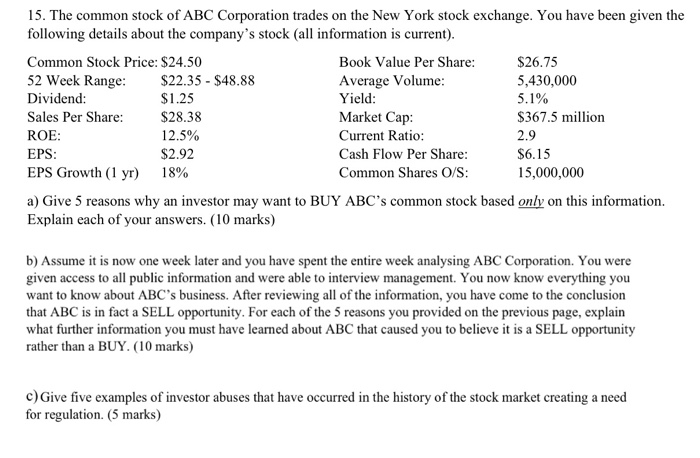 Solved 15. The common stock of ABC Corporation trades on the | Chegg.com
