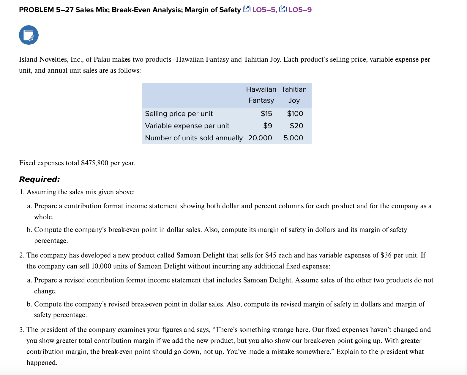 Solved PROBLEM 5-27 ﻿Sales Mix; Break-Even Analysis; Margin | Chegg.com