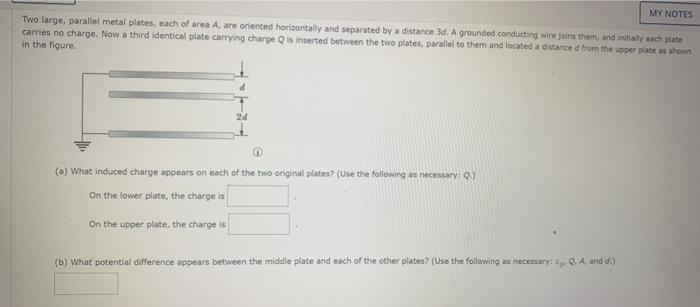 Solved MY NOTES Two large, parallel metal plates, each of | Chegg.com
