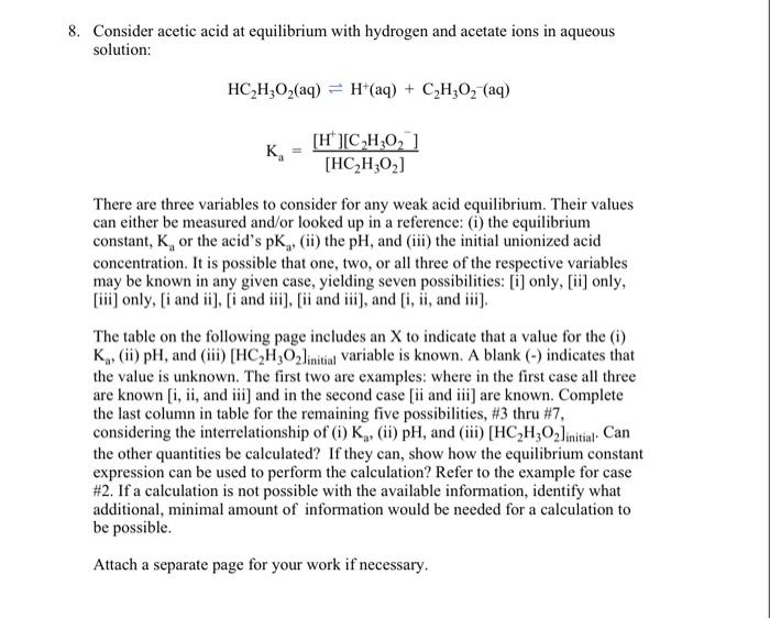 Solved 8. Consider acetic acid at equilibrium with hydrogen | Chegg.com