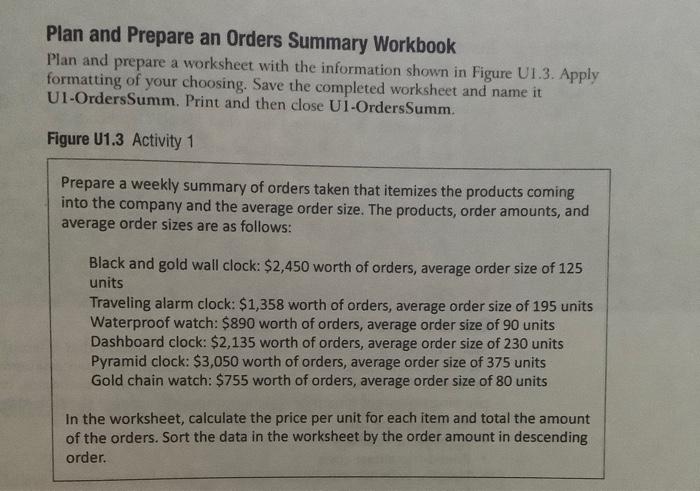 Solved Plan and Prepare an Orders Summary Workbook Plan and | Chegg.com