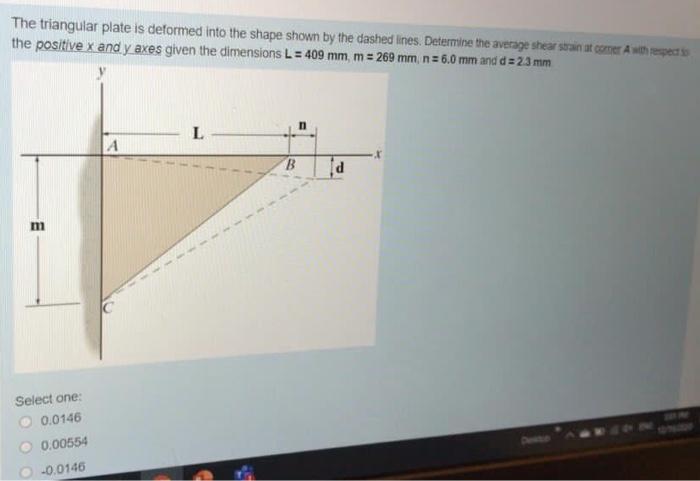 Solved The triangular plate is deformed into the shape shown | Chegg.com