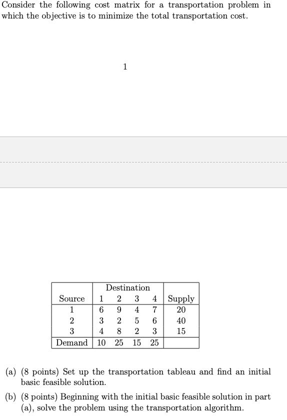 Solved Consider the following cost matrix for a | Chegg.com