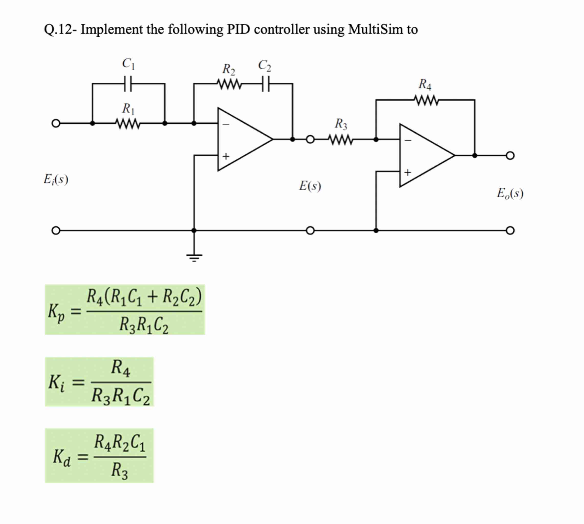Implement the following PID controller using MultiSim | Chegg.com