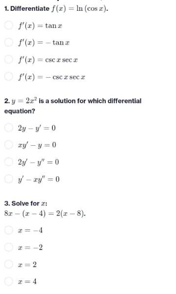 Solved 1. Differentiate f(x)=ln(cosx). | Chegg.com