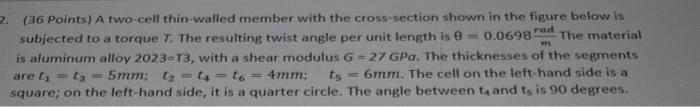 Solved (36 Points) A two-cell thin-walled member with the | Chegg.com