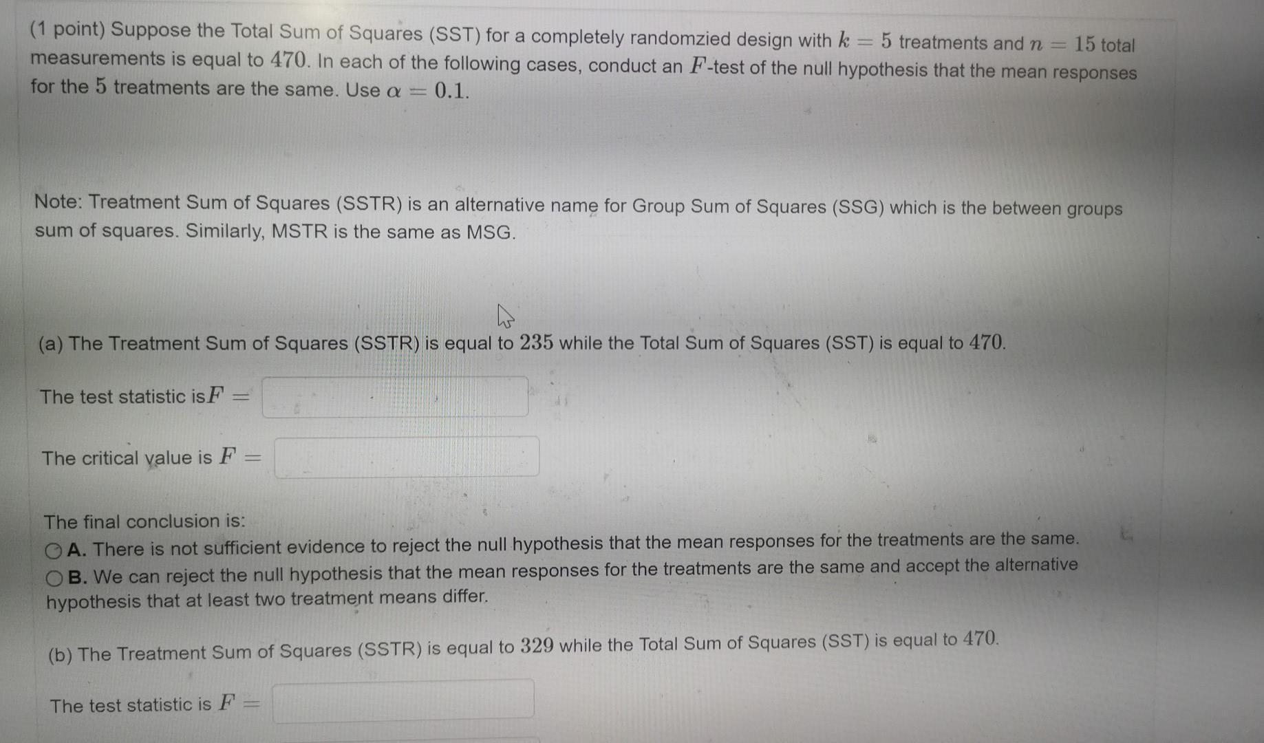 Solved 15 total (1 point) Suppose the Total Sum of Squares | Chegg.com