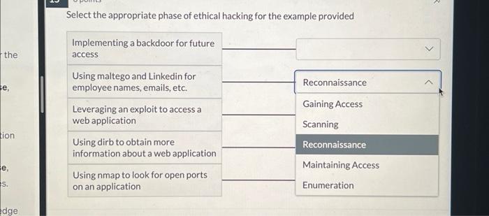 Solved Select the appropriate phase of ethical hacking for | Chegg.com